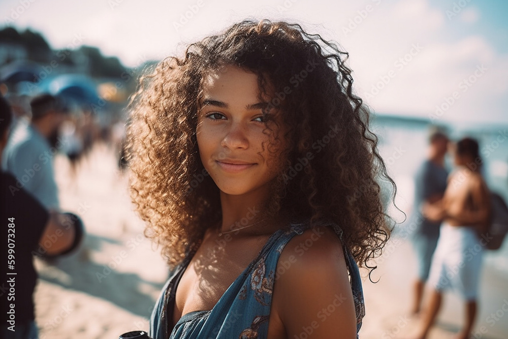 beautiful 21 years old female tanned woman on the beach with a smile ...