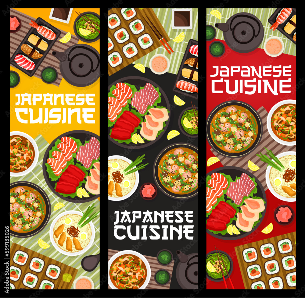 Japanese cuisine restaurant food banners. Nigiri sushi, wheat noodle ...