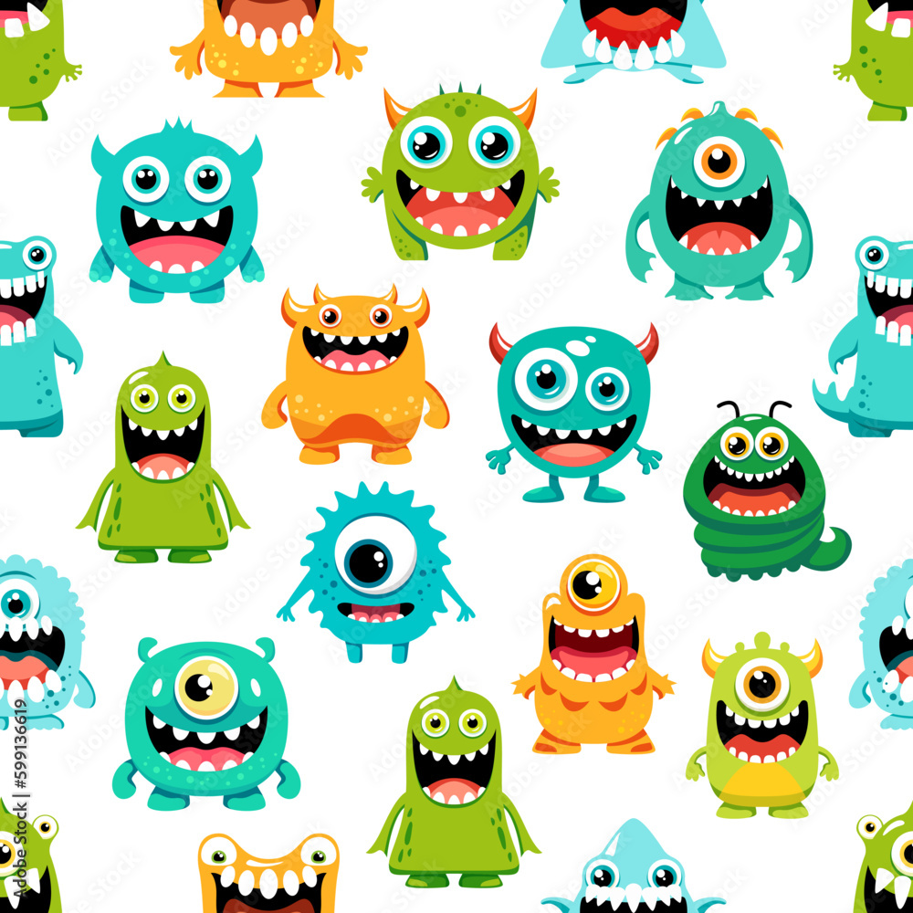 Cartoon monster characters seamless pattern. Vector repeated background with cute comic mutants ...