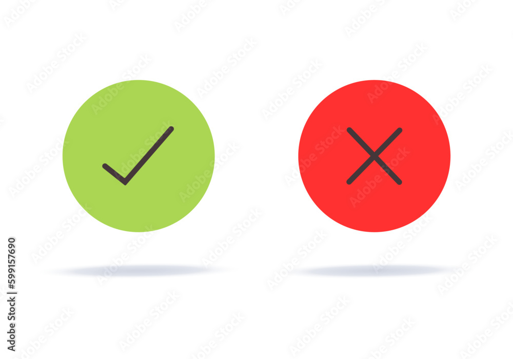 Check mark. Icons for evaluation quiz. Green tick symbol and red cross ...