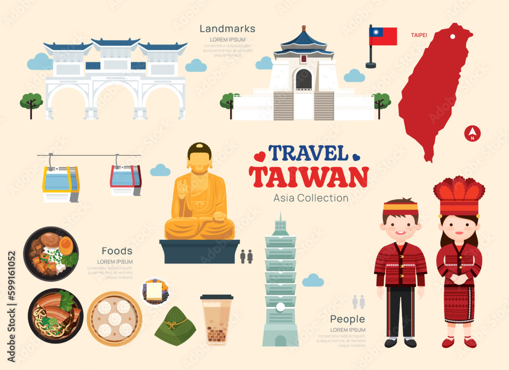 Travel Taiwan flat icons set. Taiwanese element icon map and landmarks ...