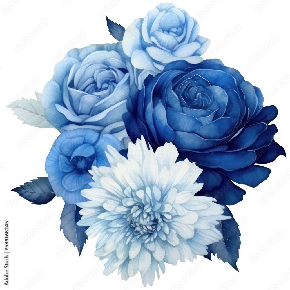 Illustration Bouquet of blue flowers, watercolor blue floral, rose ...