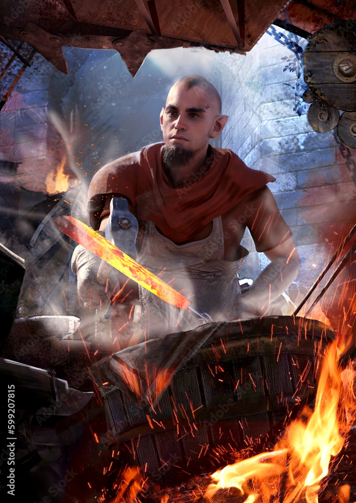 A young elven blacksmith in a red cloak, with a shaved head and long ...