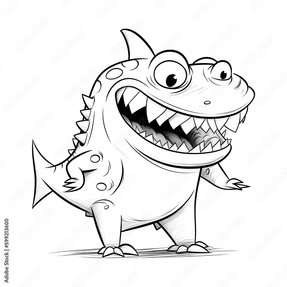 Shark Boy Coloring Page Thick Outline Silhouette Hand Drawn ...