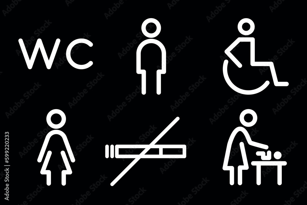 Toilet line icon set. WC sign. Man, woman, mother with baby and symbol ...