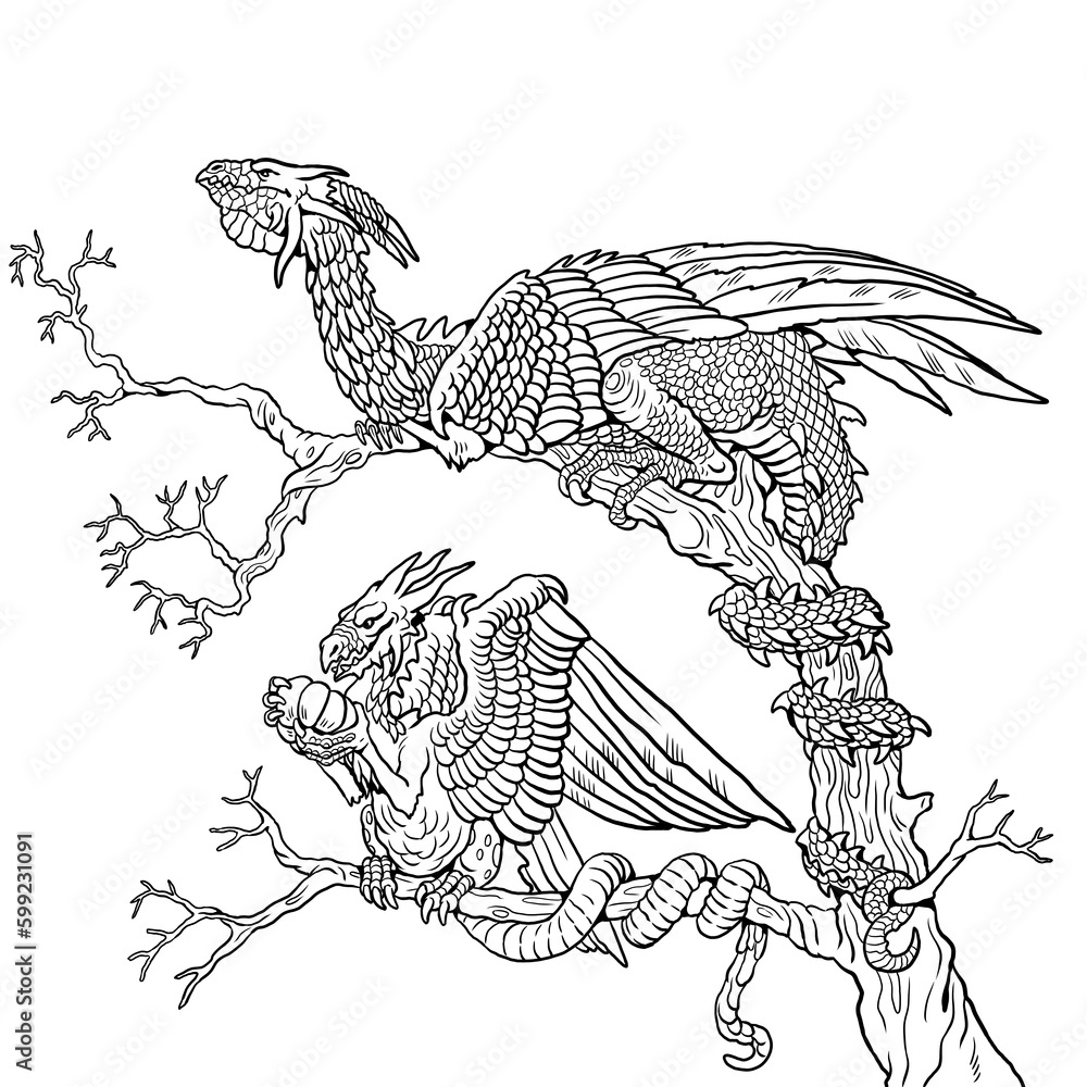 Dragon family coloring page. Fantasy illustration with mythical ...