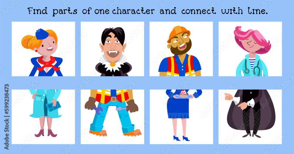 Game for Children. Find parts of one character and connect them with ...