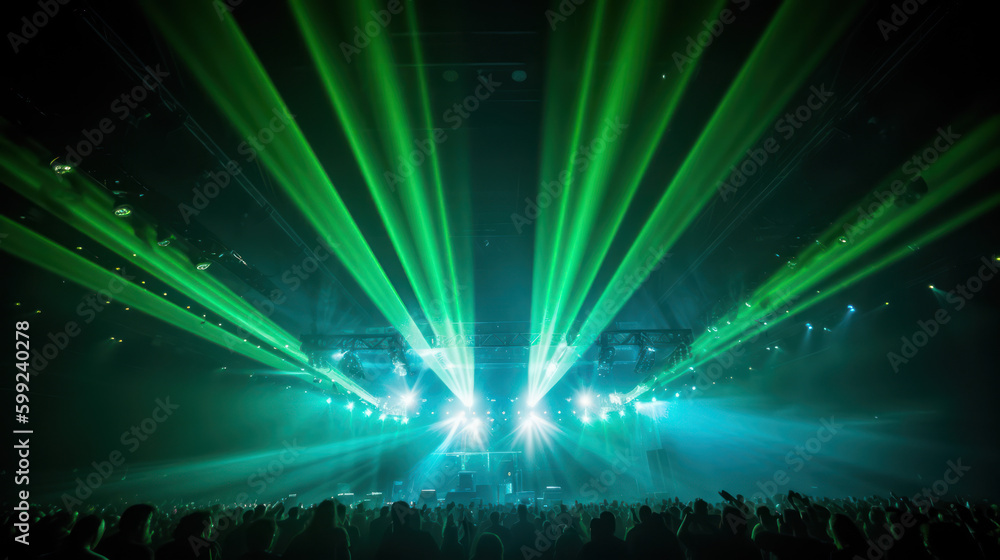 scène de concert vue du fond de la salle avec spots lumineux intense ...