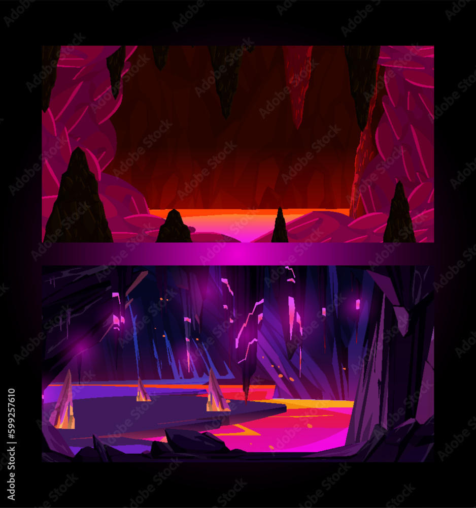 Underground rocky cave with water and blue crystals. Vector cartoon ...