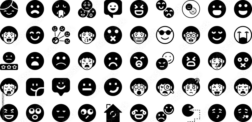 Emoji Icon Set Isolated Silhouette Solid Icons With Emoticon, Face ...