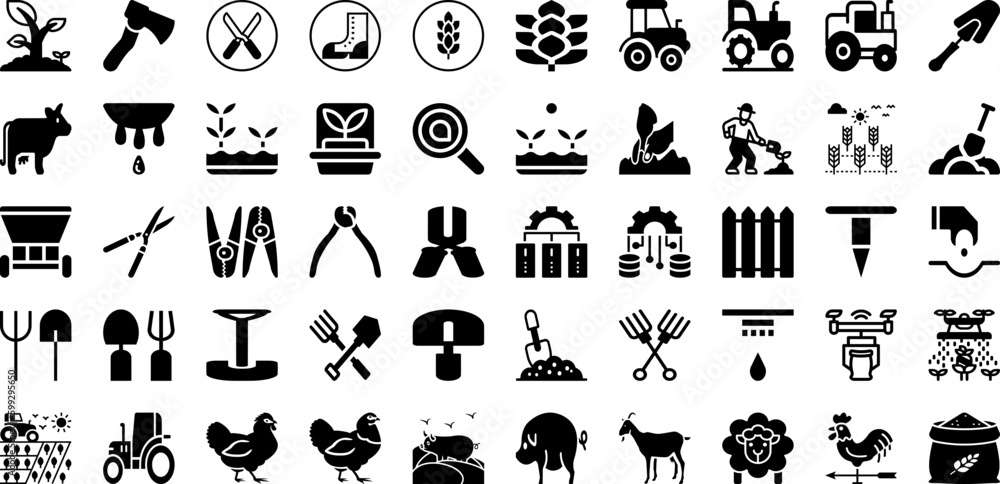 Farm Icon Set Isolated Silhouette Solid Icons With Tractor, Field ...