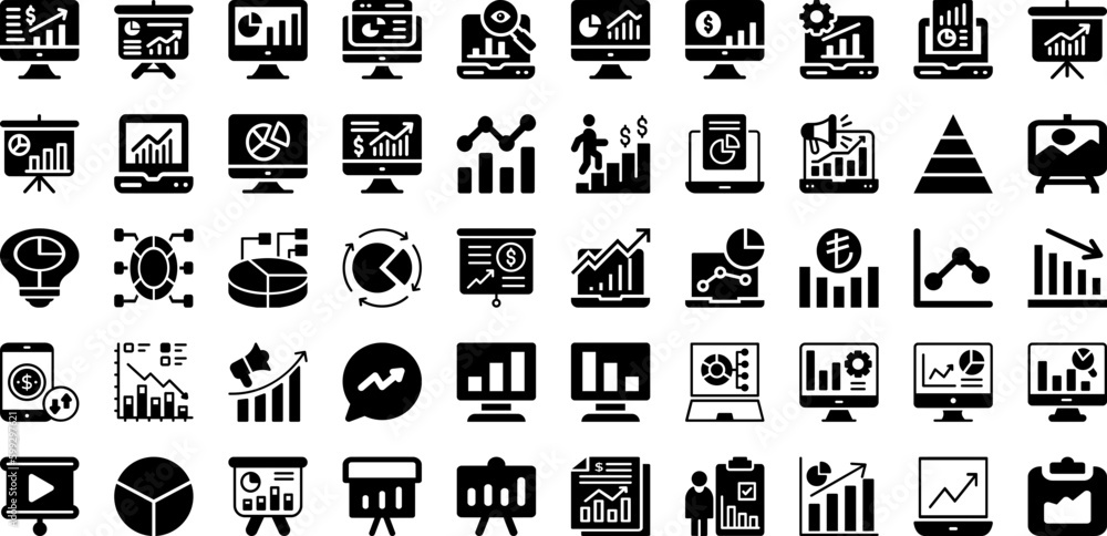 Graph Icon Set Isolated Silhouette Solid Icons With Diagram, Vector ...