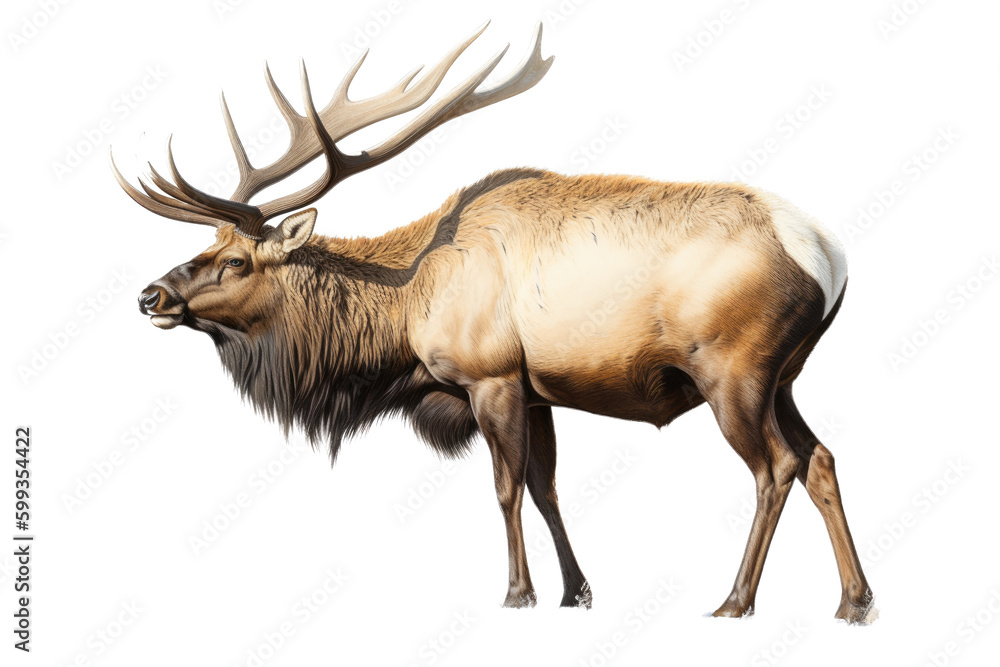 an isolated Bull Elk running with large antlers, strong and muscular ...