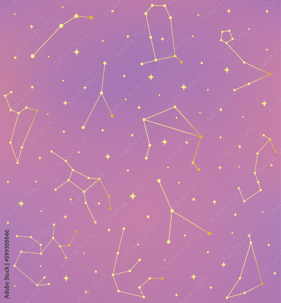 Zodiac Constellations Golden Pattern Illustrations. Seamless Background ...