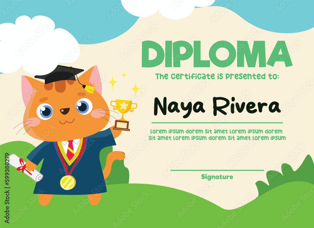 Cute diploma certificate template for preschool, kindergarten or ...