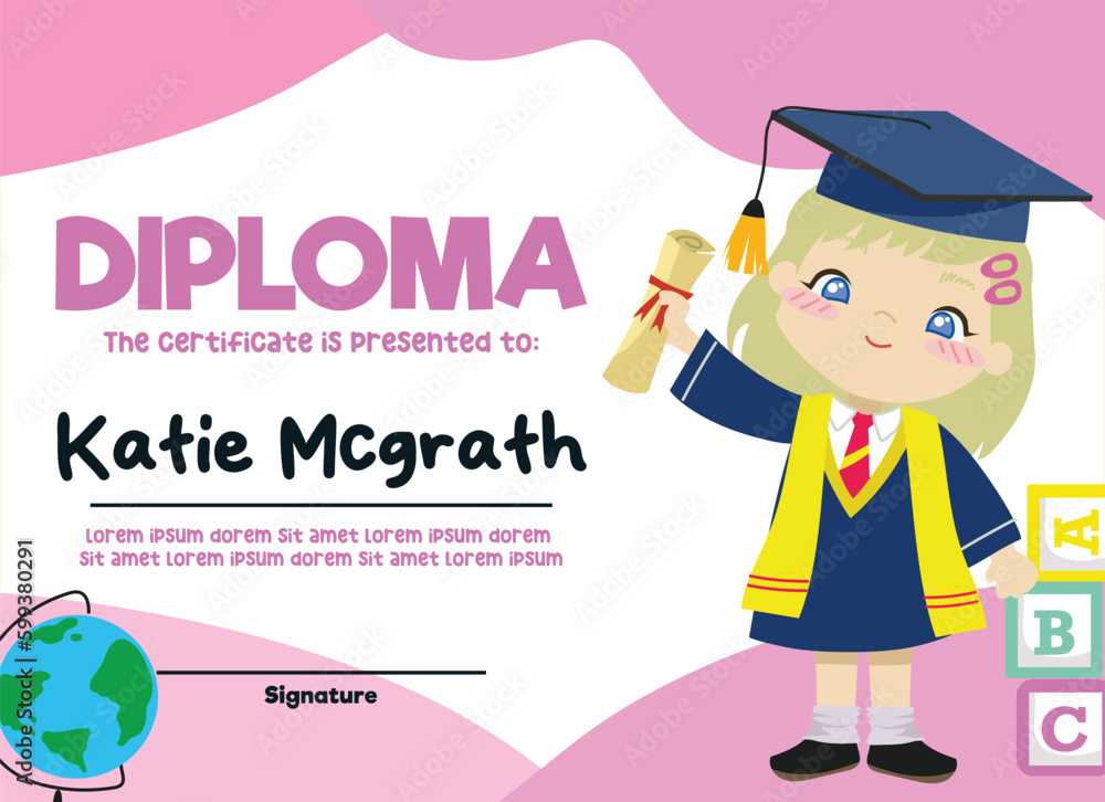 Cute diploma certificate template for preschool, kindergarten or ...