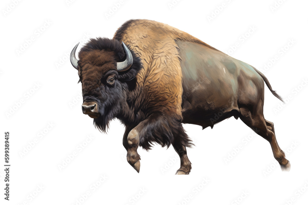 Bull Bison, Buffalo, running, 3/4, and side view, American icon, indian ...