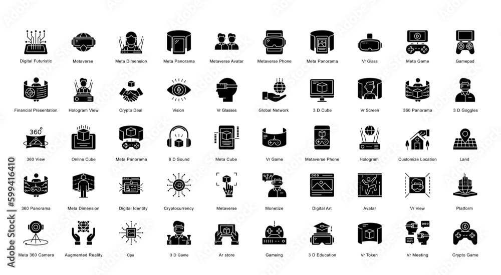 Metaverse Glyph Iconset VR AR Futuristic Glyph Icon Bundle in Black ...