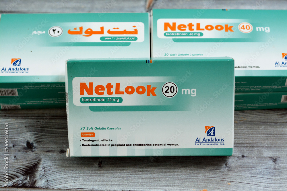 Cairo, Egypt, May 2 2023: NetLook soft gelatin capsules, Isotretinoin ...