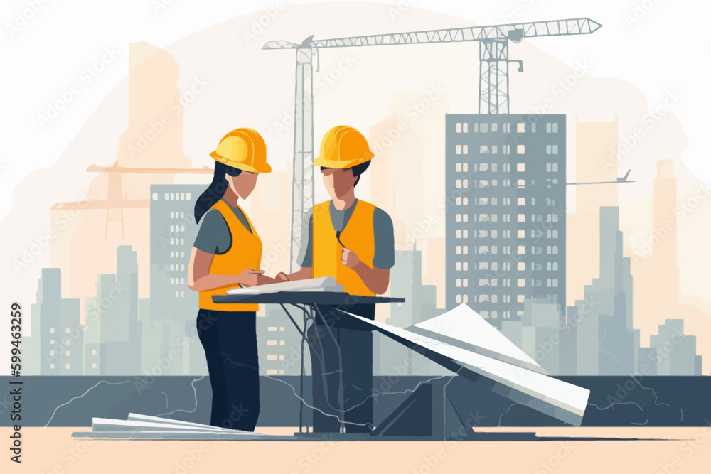 Architect and engineer working on construction site. Engineering ...