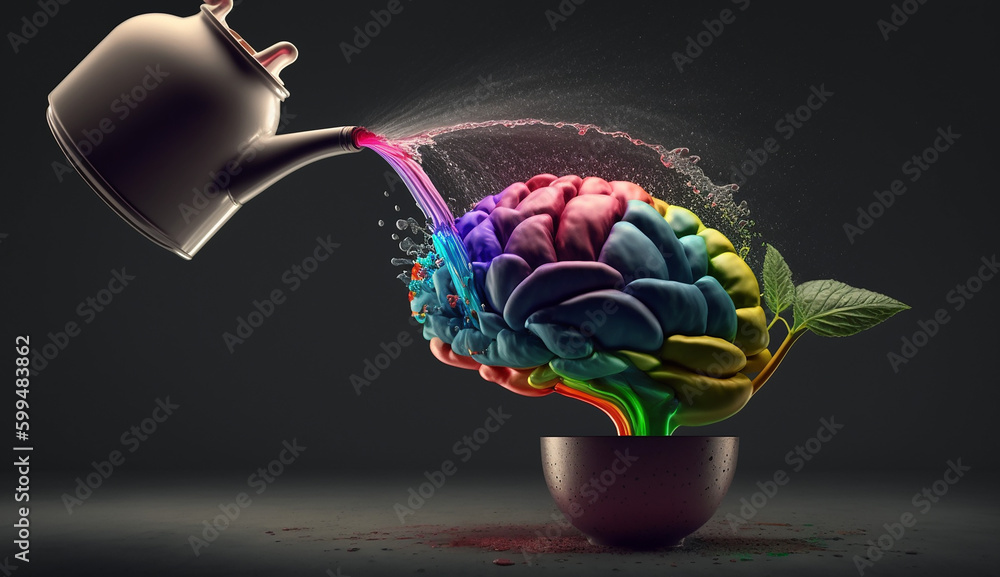 Human brain growing from a flower, watering can is pouring water on the ...
