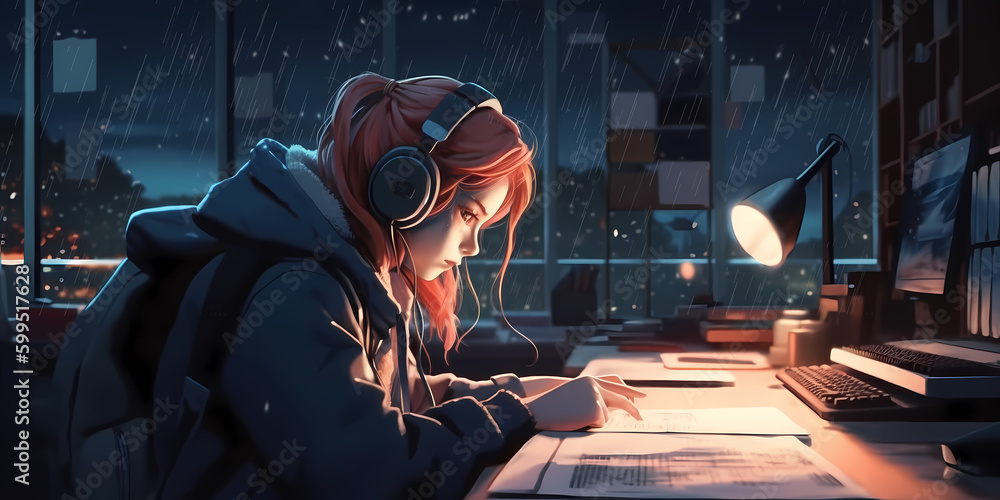 Ilustración de Stock Cool Lofi Girl studying at her desk. Rainy or cloudy outside, beautiful ...