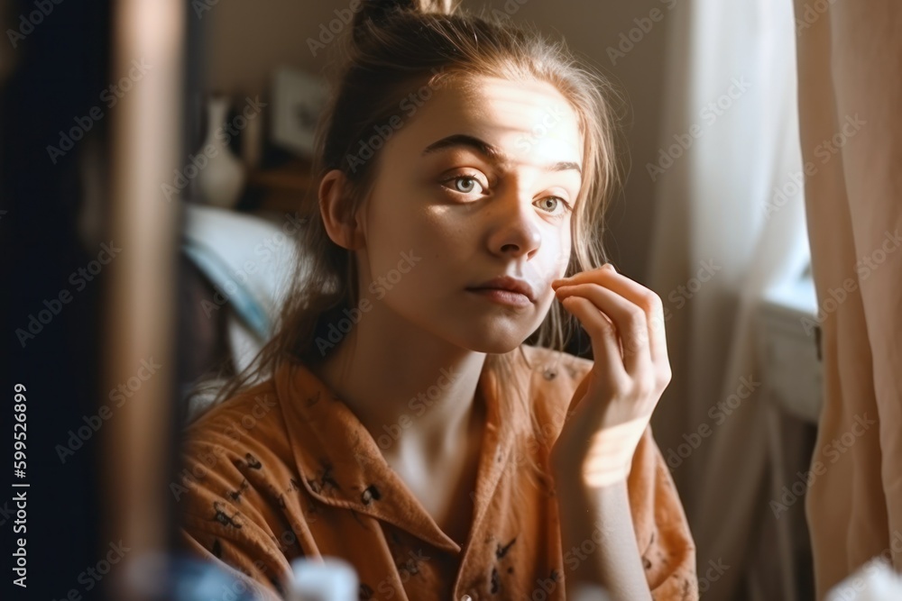 Teenage girl applying makeup in her room, embracing self-confidence ...