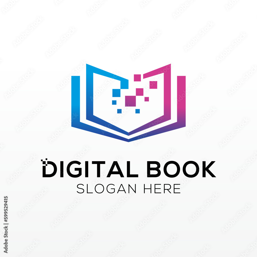 Digital tech book logo design. Open book with pages and pixels. Stock ...