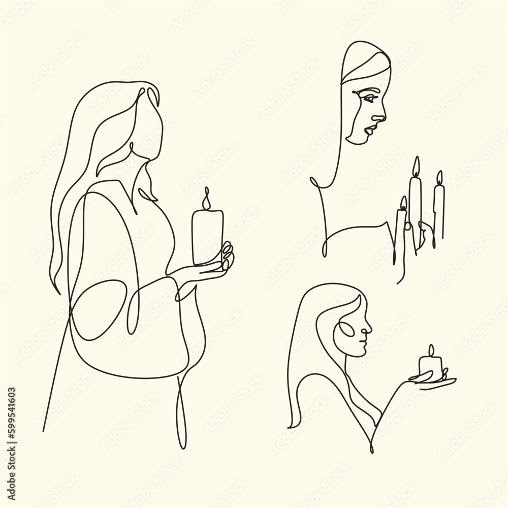Woman with a candle in a modern single line art style. Human hands ...