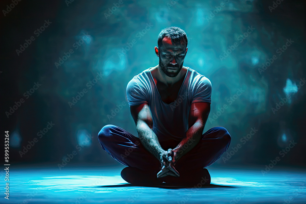 Generative AI Illustration of a sad and depressed man sitting on the ...
