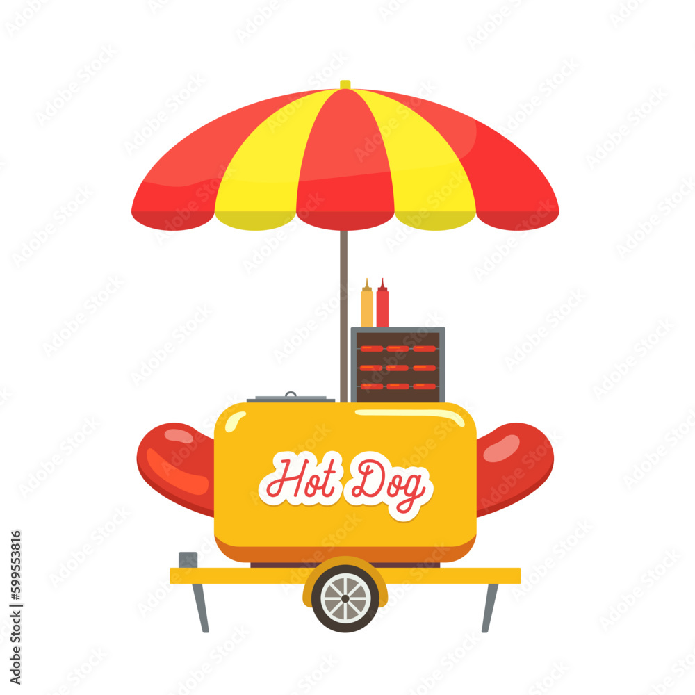 Hot dog cart. Summer street food stall trolley. Hot dogs shop. Street ...