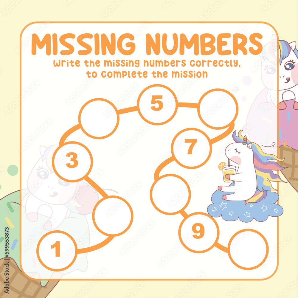 Math game for kids. missing numbers page with colourful and cute ...