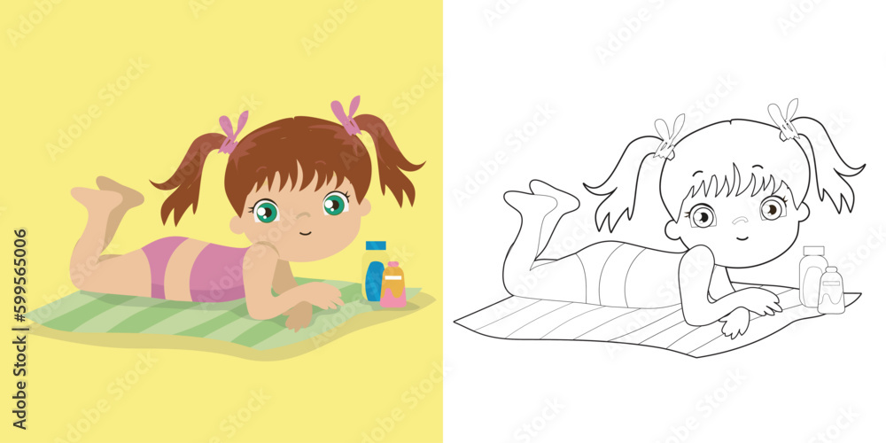 Coloring page outline of a cute brown-haired little girl laying on the ...
