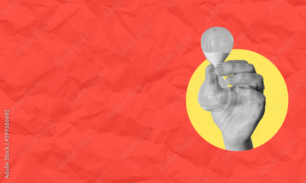 Art collage, creative collage image of a hand holding sand clock timer ...