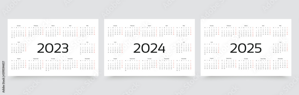 2023, 2024, 2025 years calendar. Week starts Monday. Simple calender ...