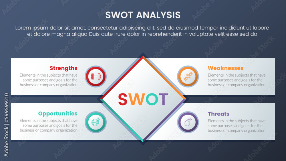 swot analysis concept with rotated square shape center for infographic ...