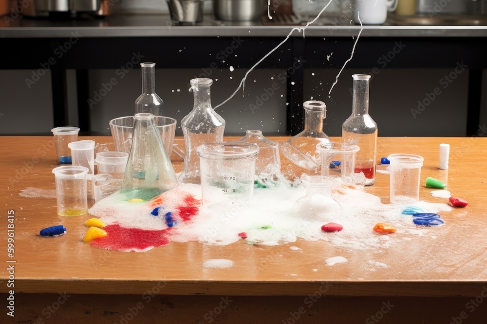 science experiment gone wrong, with beakers and test tubes strewn ...