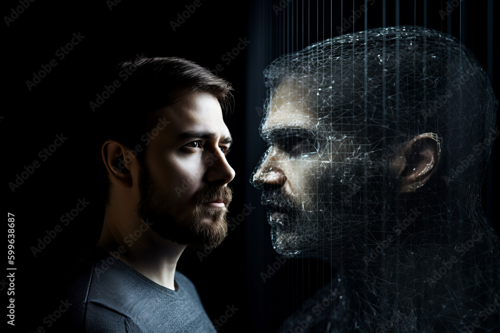 Person looking at a digital Artificial intelligence version of ...