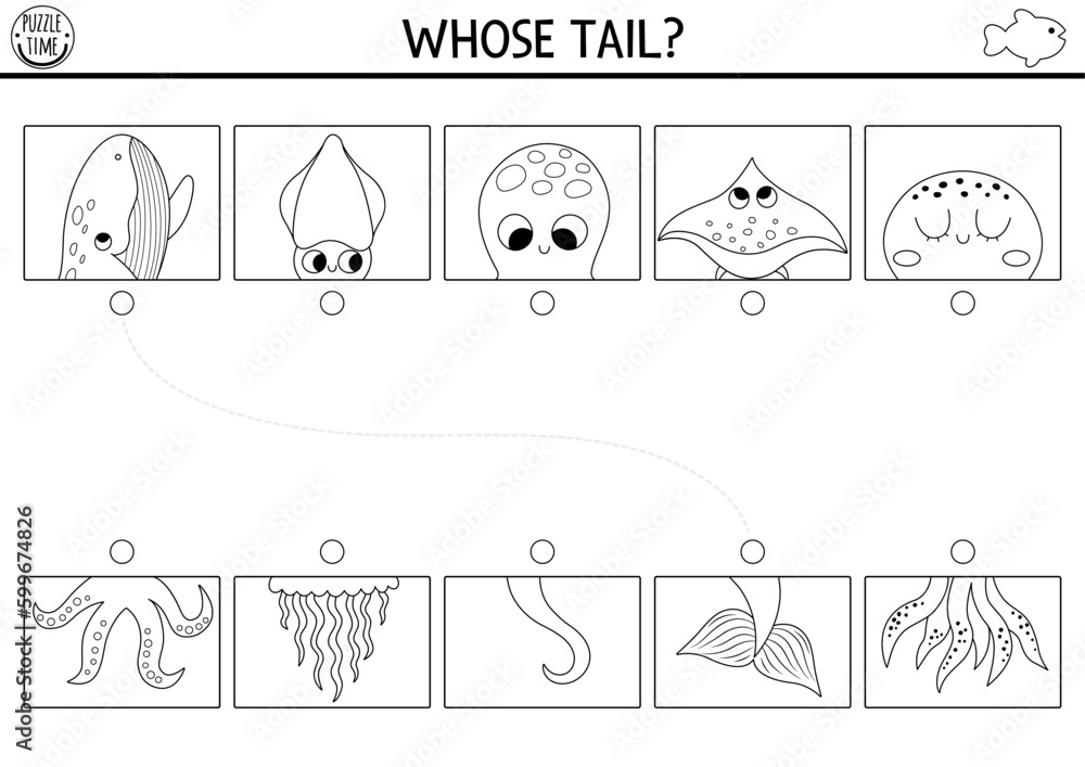 Under the sea black and white connect halves worksheet. Matching game ...