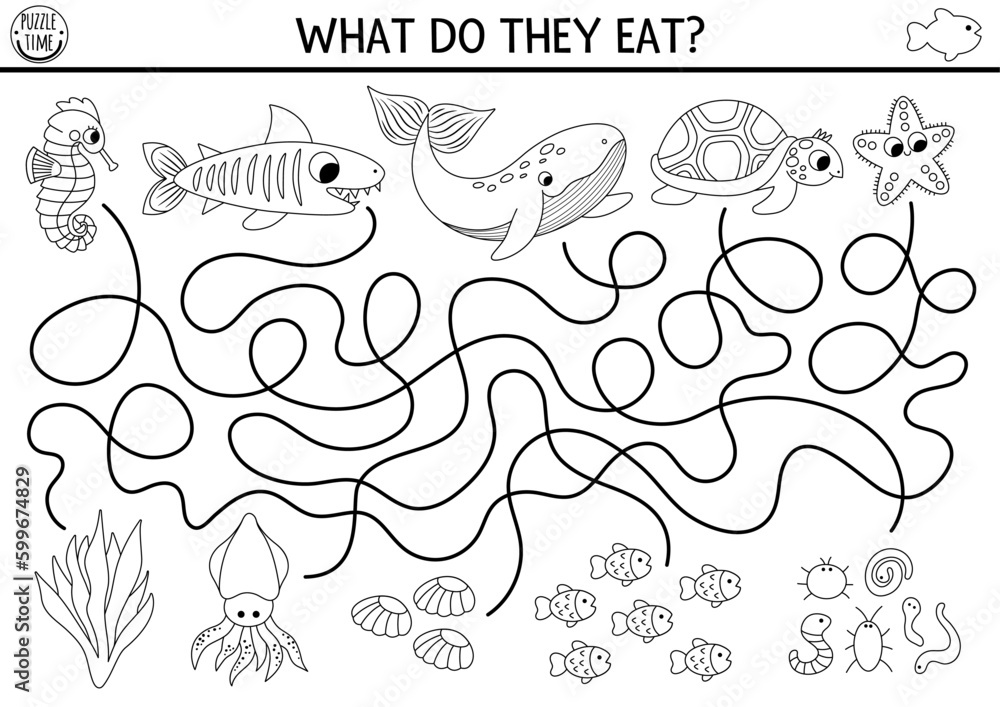 Under the sea black and white maze for kids with turtle, whale, shark ...