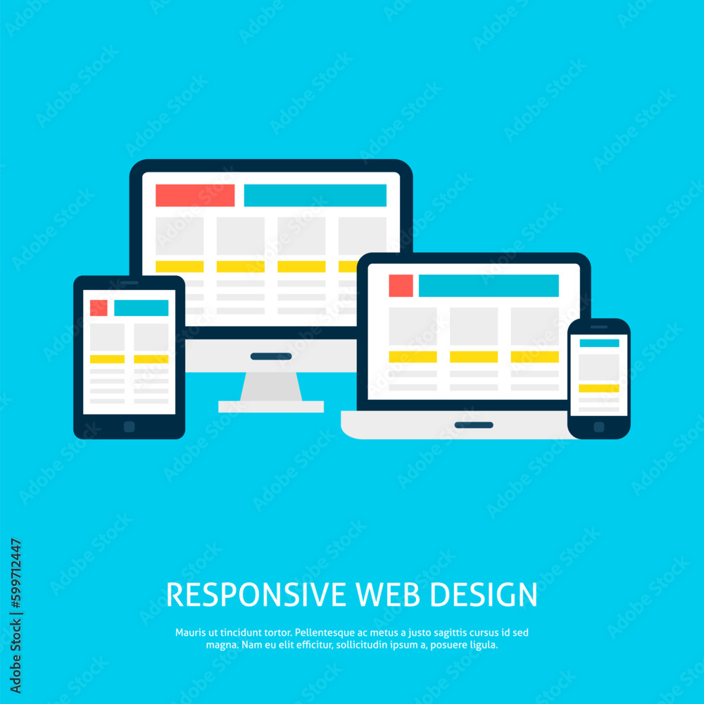 Responsive Web Design Gadgets Flat Concept. Vector Illustration of Laptop Desktop Tablet Phone ...