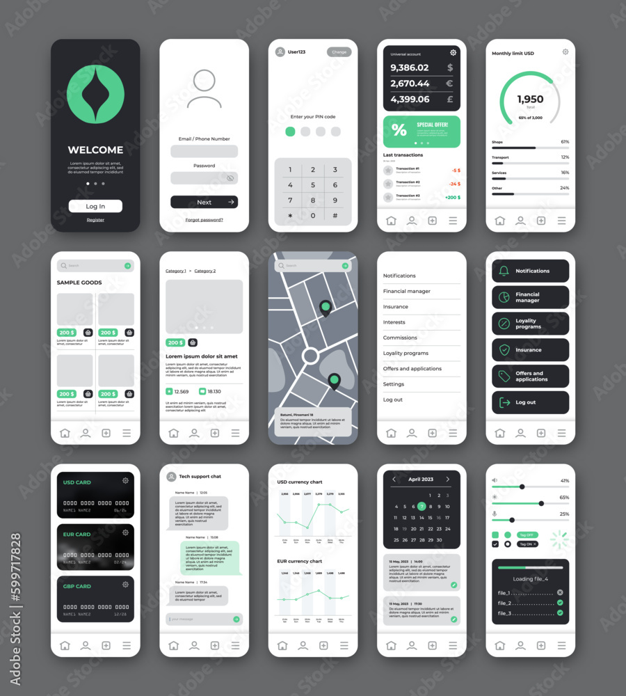Mobile application UI UX template. Universal screens with welcome ...
