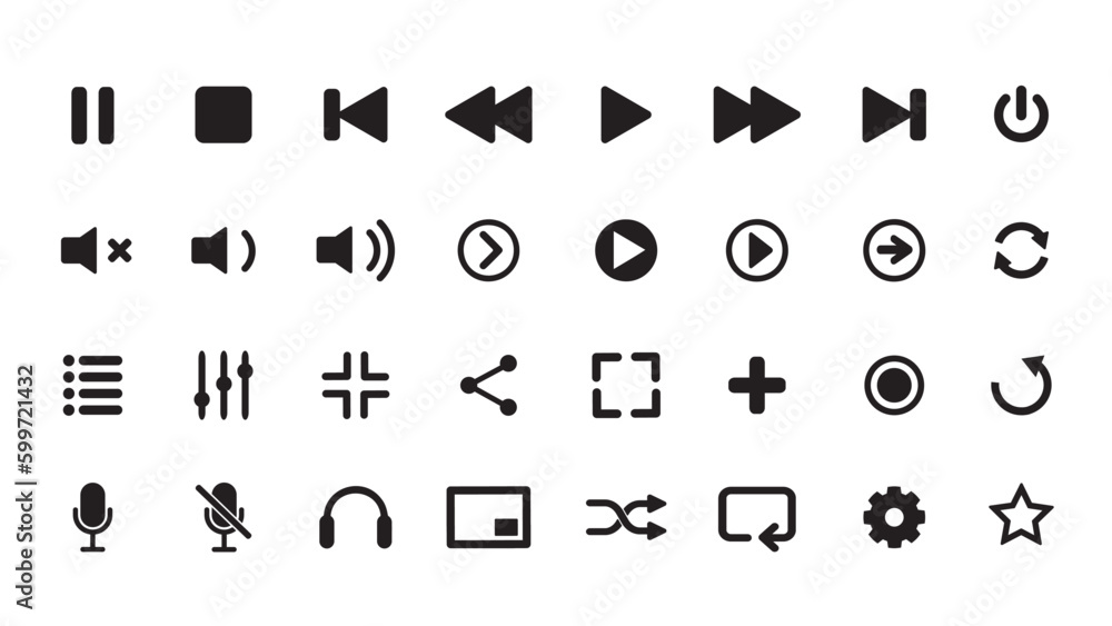 Media player icons set. Collection of multimedia symbols. Audio, music interface and video ...