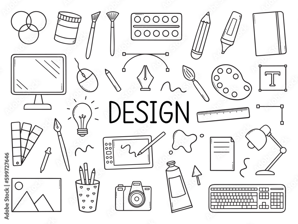 Graphic design doodle set. Designer work items and tools sketch style ...