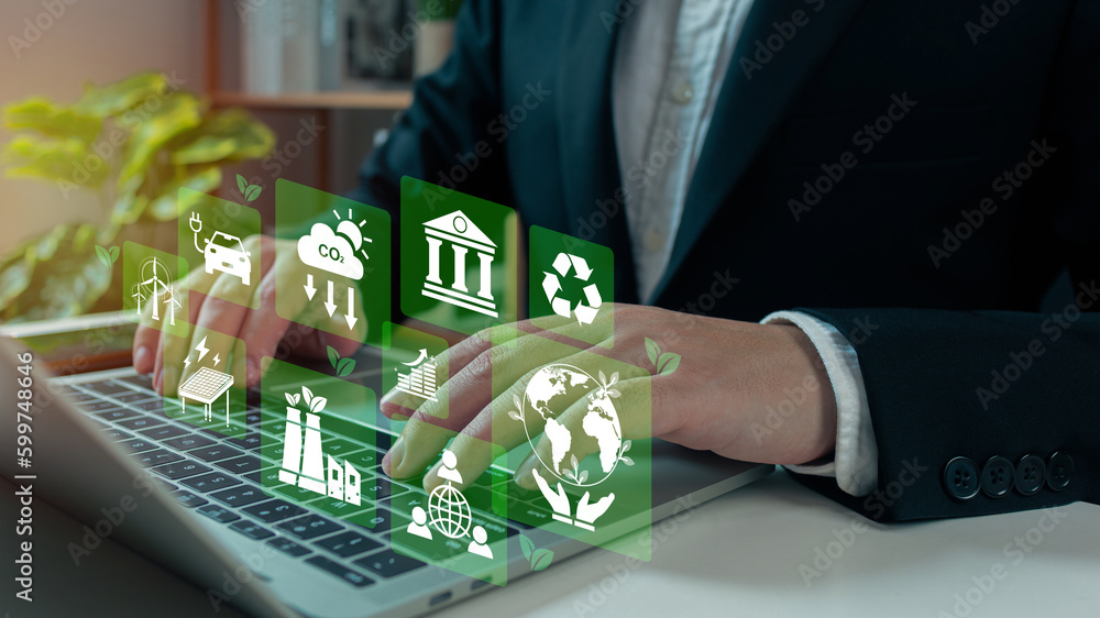 Photo Stock Businessman analyze investment sustainability ESG icons ...