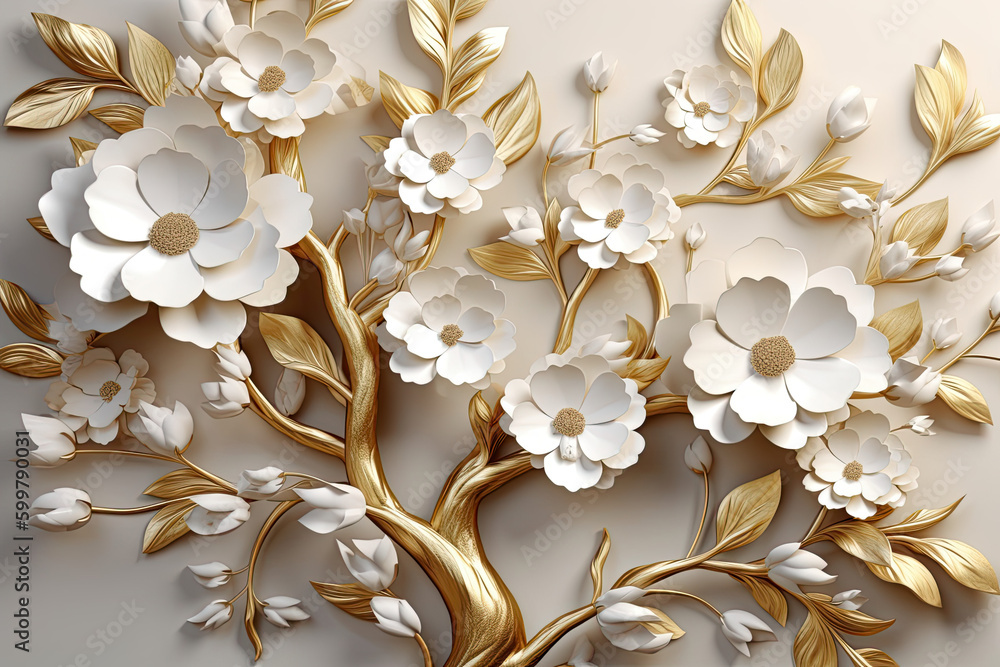 3d wallpaper floral tree background with white flower leaves and golden ...
