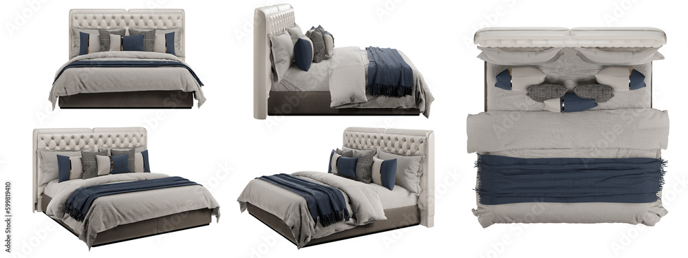 isometric bed with pillows mockup, top view, font view, side view ...
