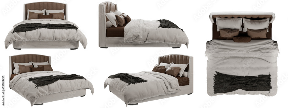 isometric bed with pillows mockup, top view, font view, side view ...