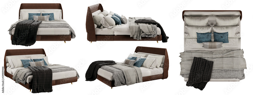 isometric bed with pillows mockup, top view, font view, side view ...
