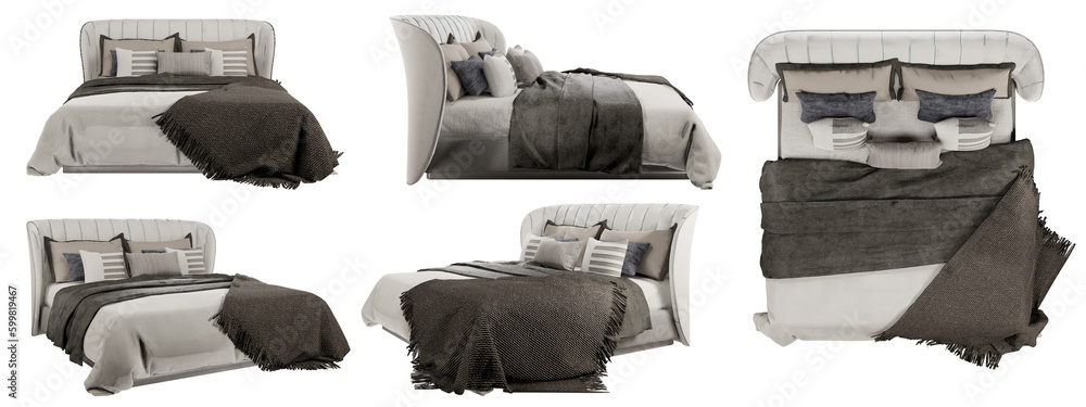 isometric bed with pillows mockup, top view, font view, side view ...